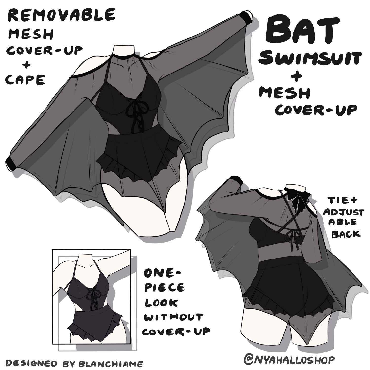 [PRE-SAMPLE PRE-ORDER] Bat Swimsuit + Mesh Cover-Up (6+ month wait ...