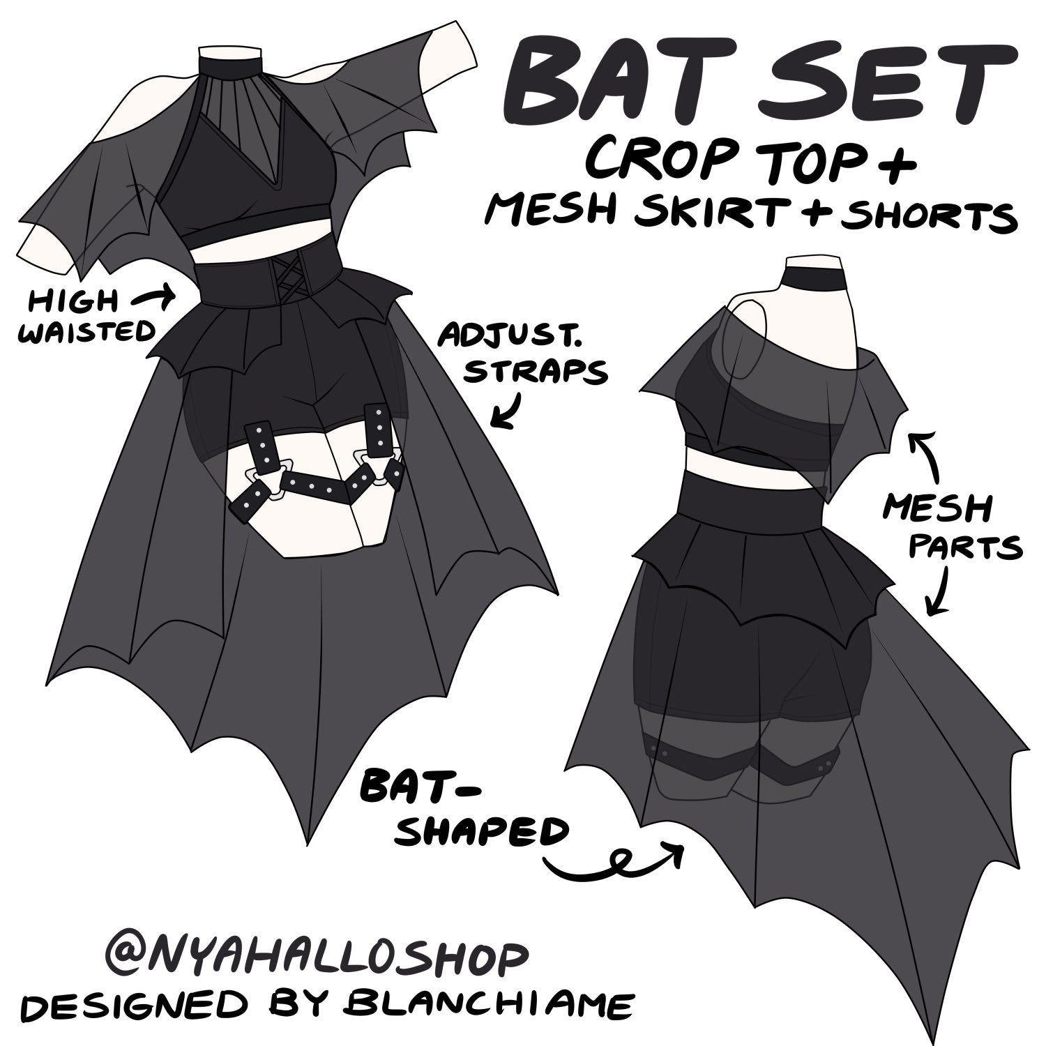 Bat Mesh Crop Top & Skirt Set with Shorts [Pre-Order Q2 2026] – Nyahallo
