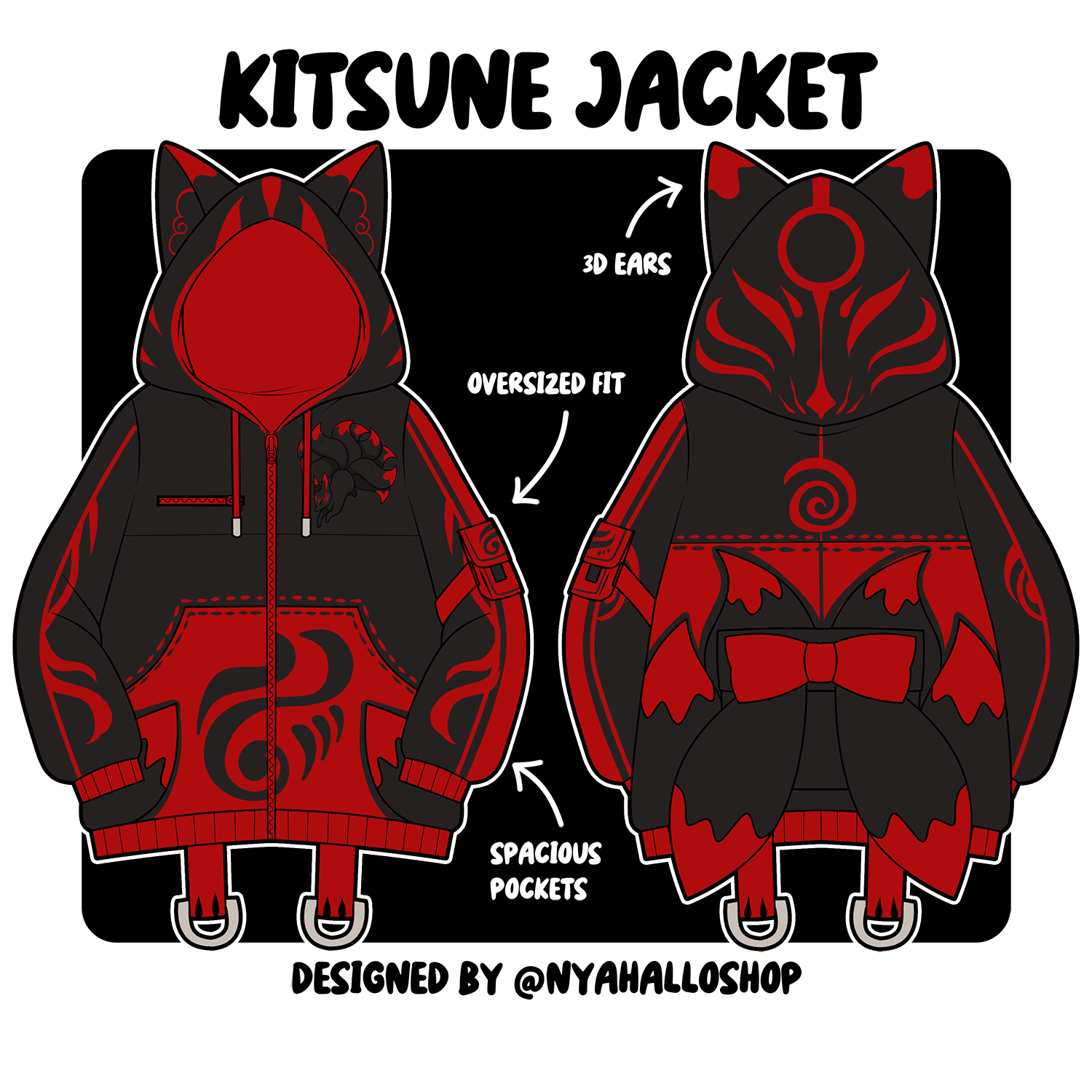 Black Kitsune Jacket – Unisex Fox Embroidered Streetwear Hoodie | Nyahallo