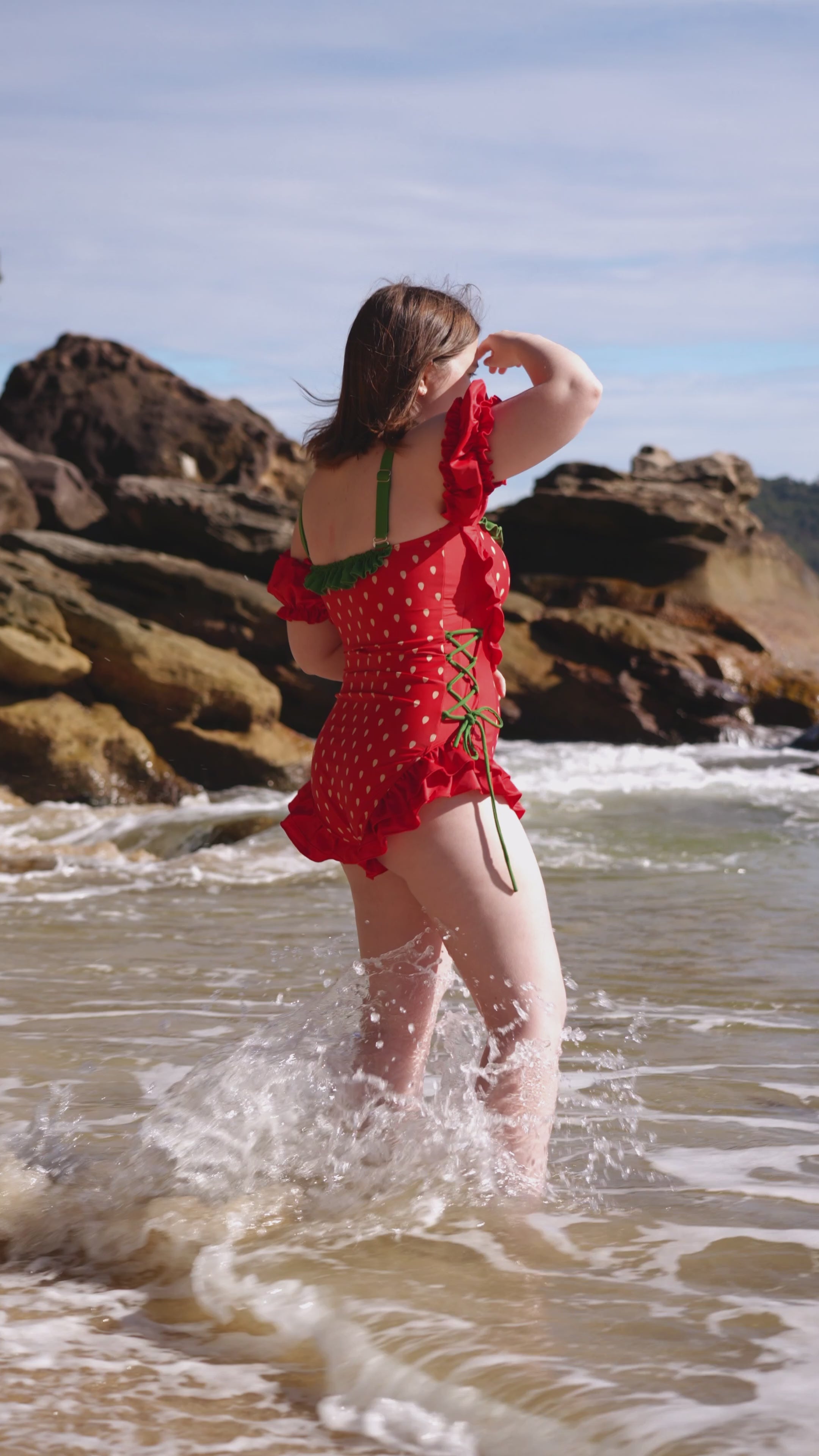 Red Strawberry Ruffle One-Piece Swimsuit with Side Ties – Nyahallo